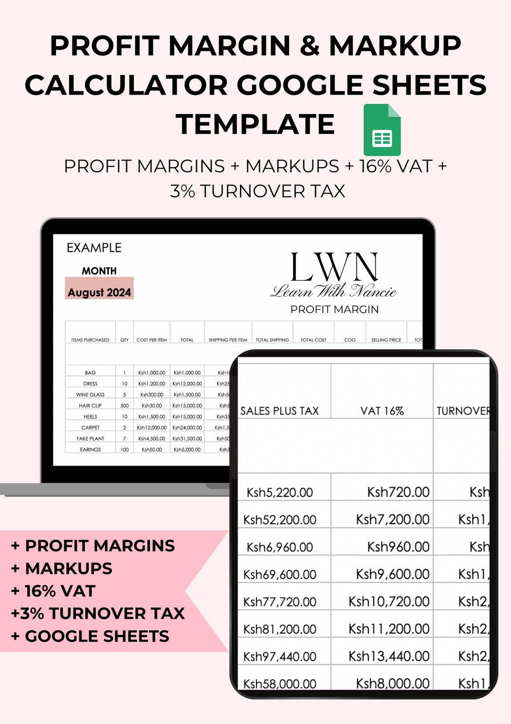 PROFIT MARGIN + MARKUP CALCULATOR GOOGLE SHEETS TEMPLATE – Learn With ...